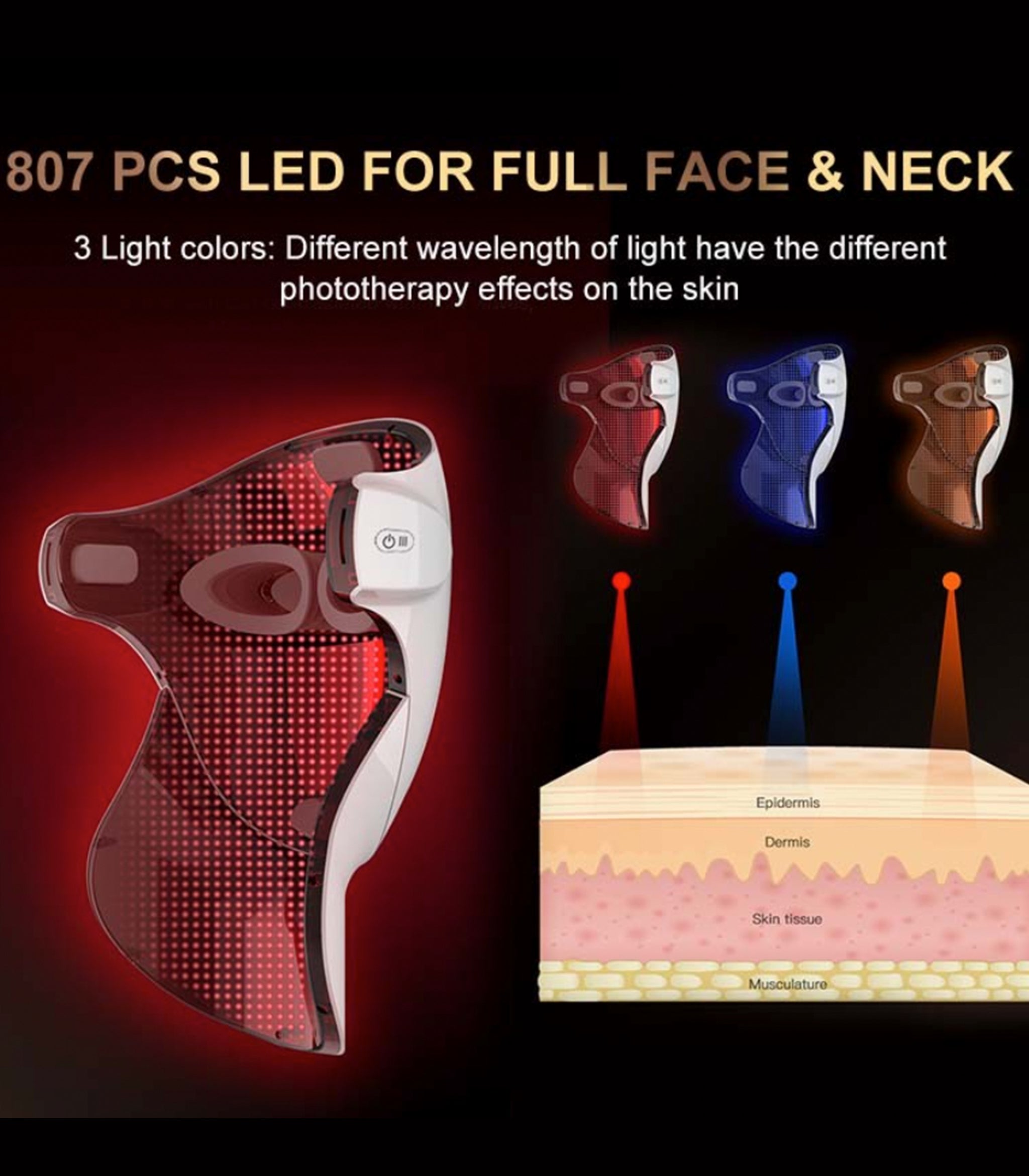 3 Colors Light LED Face Beauty Mask Nano 807pcs LED Photodynamic ...